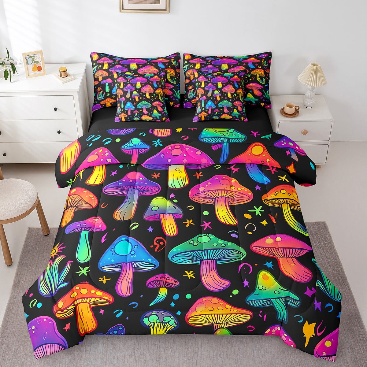 Gothic Bed in a Bag Queen Comforter Set 7 Piece,Rainbow Mushroom ...