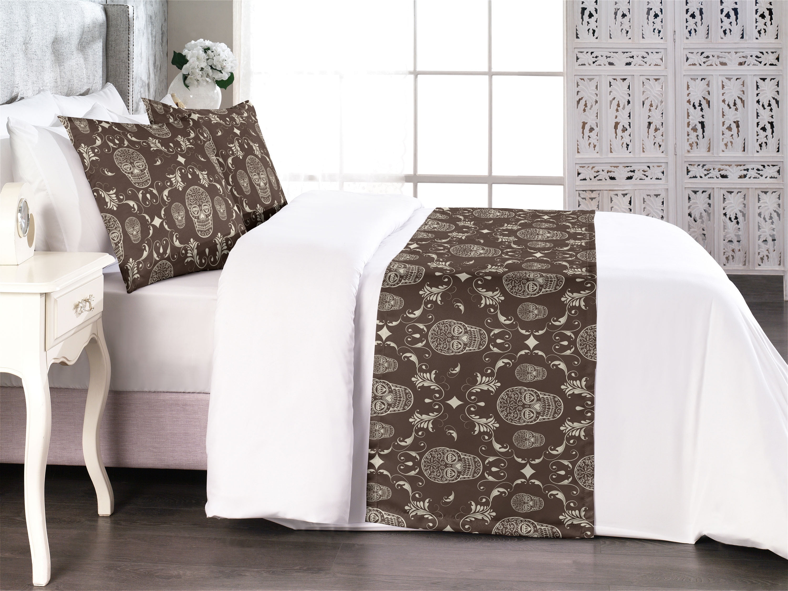 Gothic Bed Runner Set, Retro Theme Traditional Ornamental Rococo Drawn ...