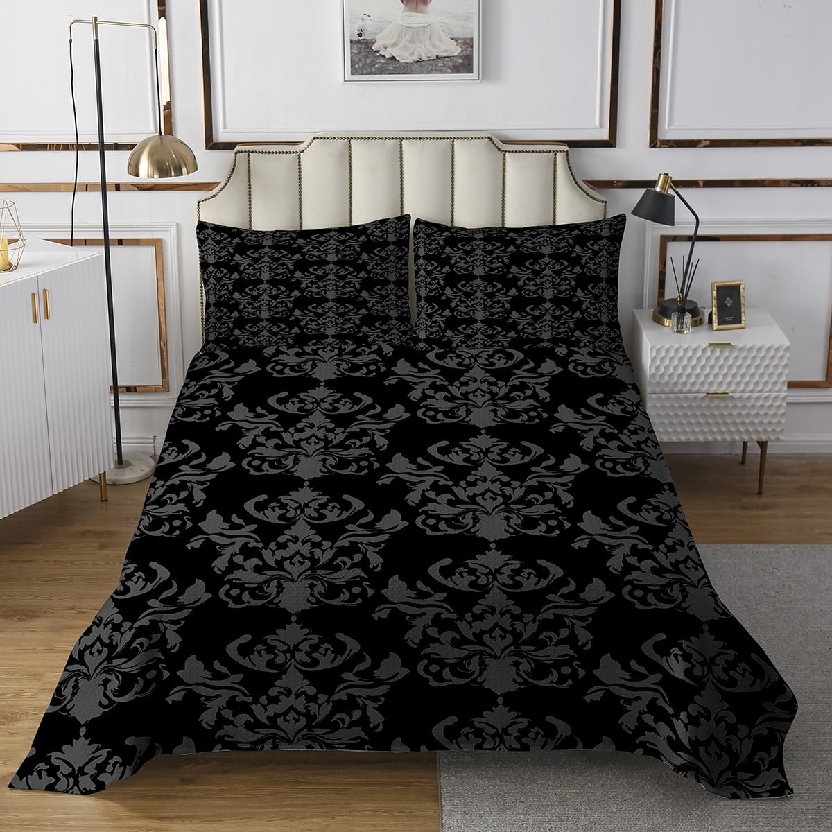 Gothic Bed Set Adults Black Damask Queen Quilt Set Gothic Vintage ...
