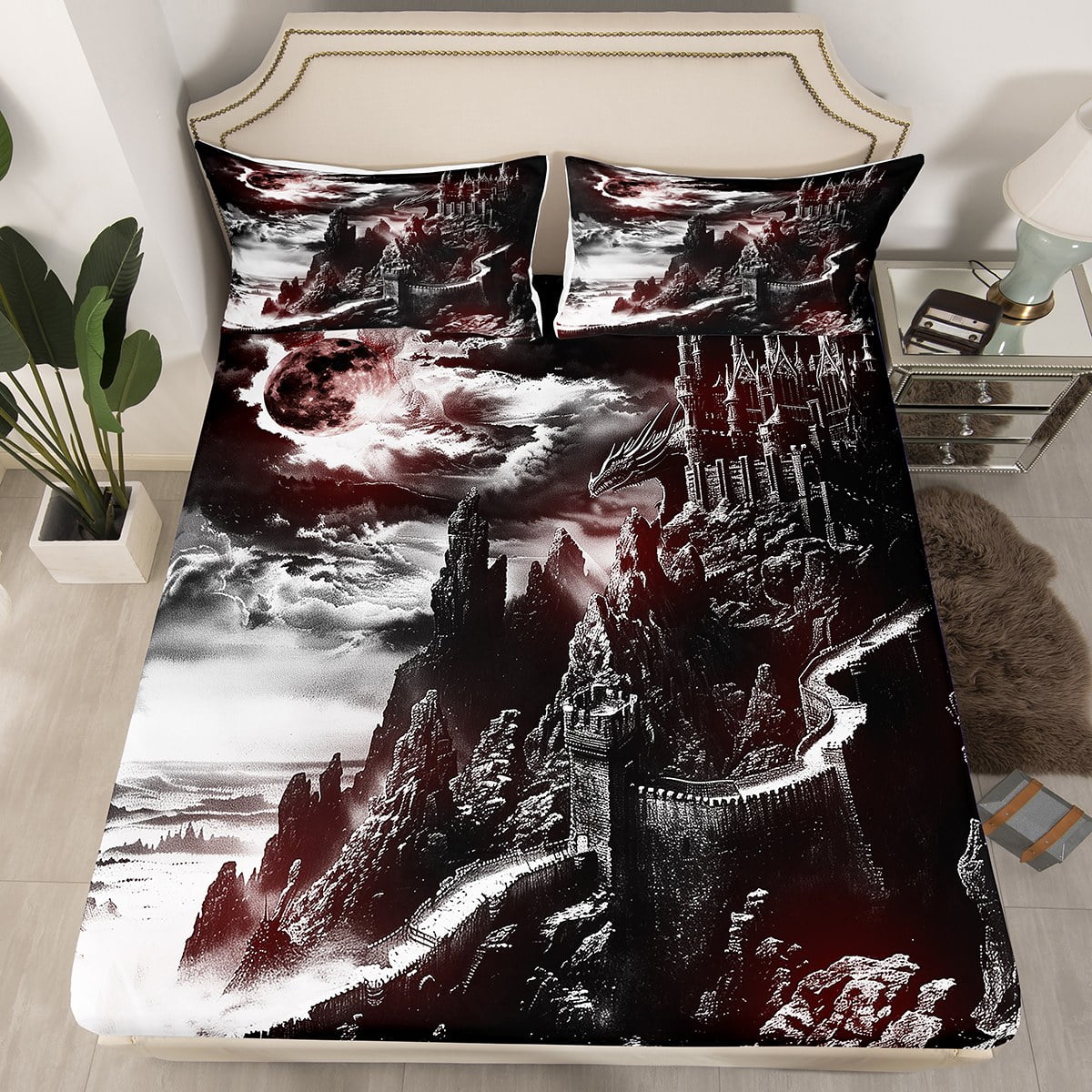 Gothic Bed Sheets Dragon Bedding Set Fantasy Castle Dark Sky Fitted ...