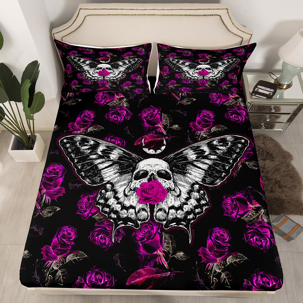Gothic Bed Sheets Sugar Skull Moth Bedding Set Exotic Peach Fuchsia ...