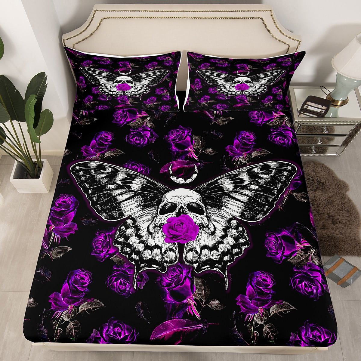 Gothic Bed Sheets Sugar Skull Moth Bedding Set Exotic Purple Rose ...