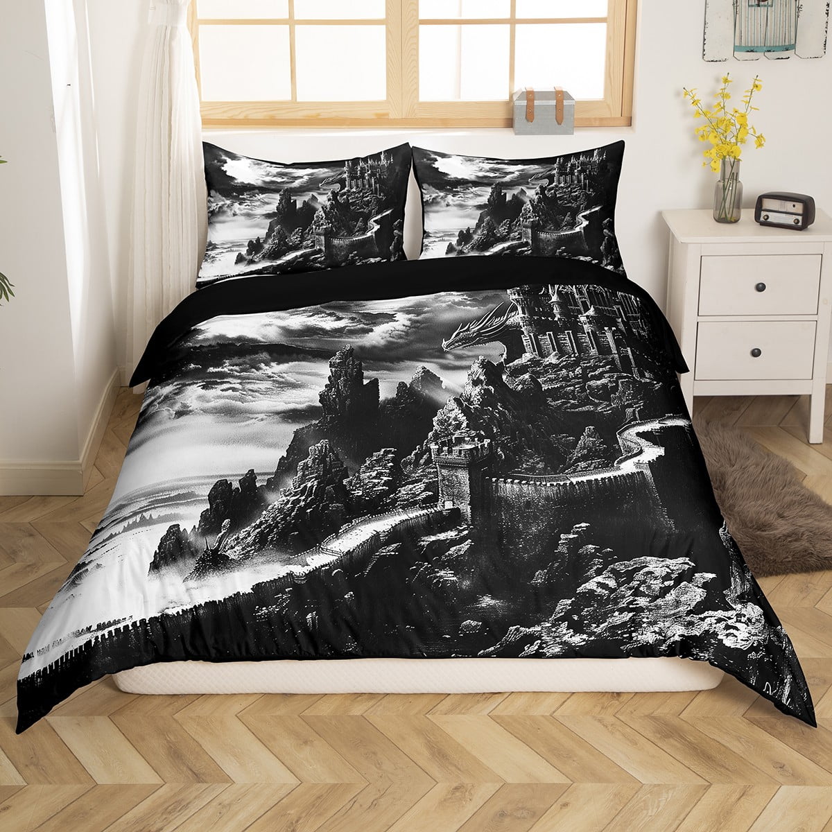 Gothic Bedding Set Dragon Comforter Cover Fantasy Castle Dark Sky Duvet ...