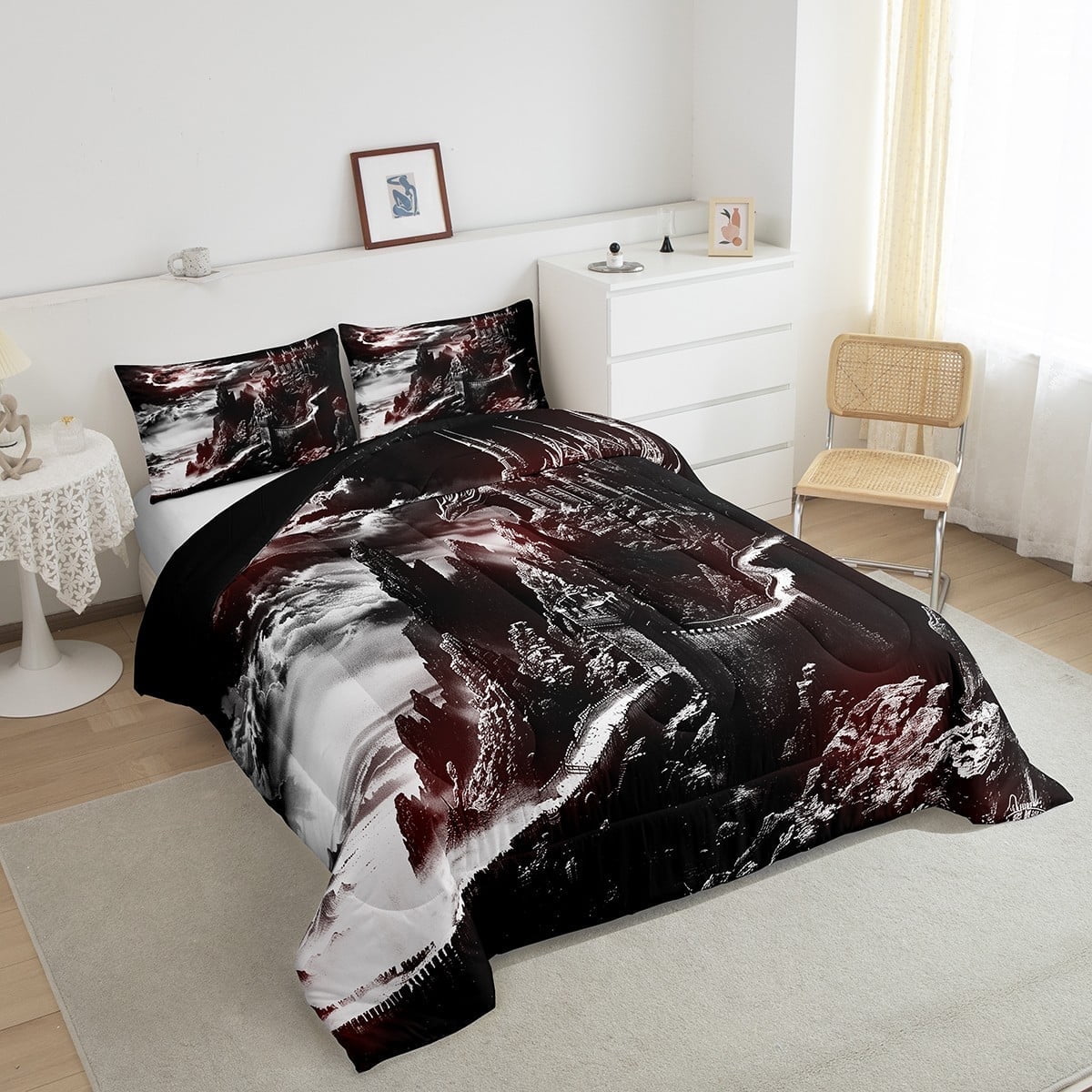 Gothic Bedding Set Dragon Quilt Fantasy Castle Dark Sky Comforter Set ...