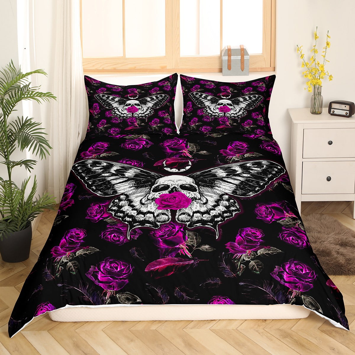 Gothic Bedding Set Sugar Skull Moth Comforter Cover Exotic Peach ...