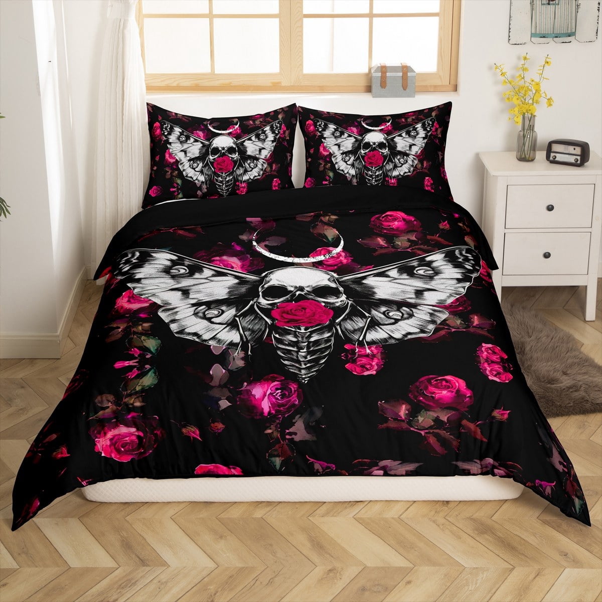 Gothic Bedding Set Sugar Skull Moth Comforter Cover Exotic Red Rose ...