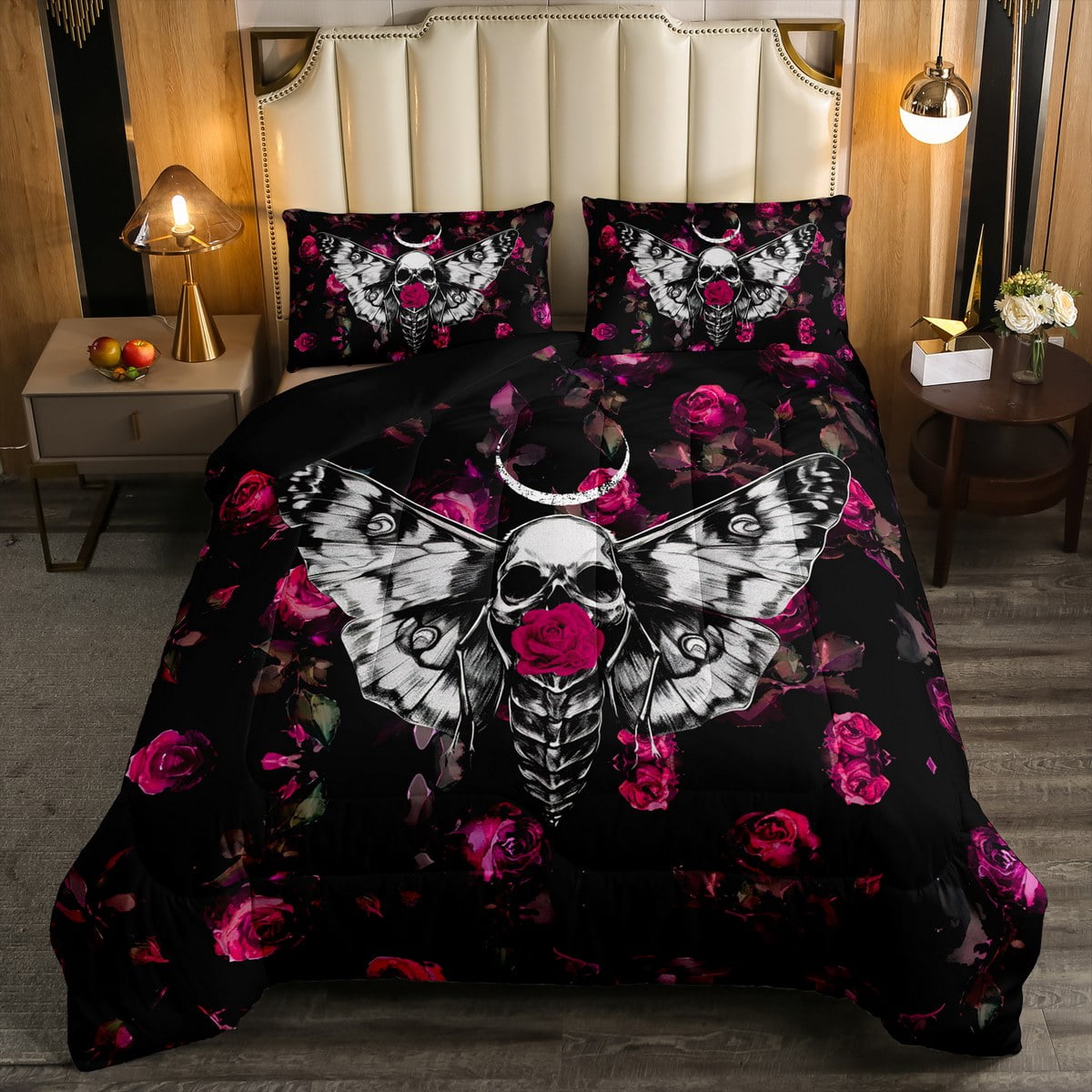 Gothic Bedding Set Sugar Skull Moth Quilt Exotic Red Rose Comforter Set ...