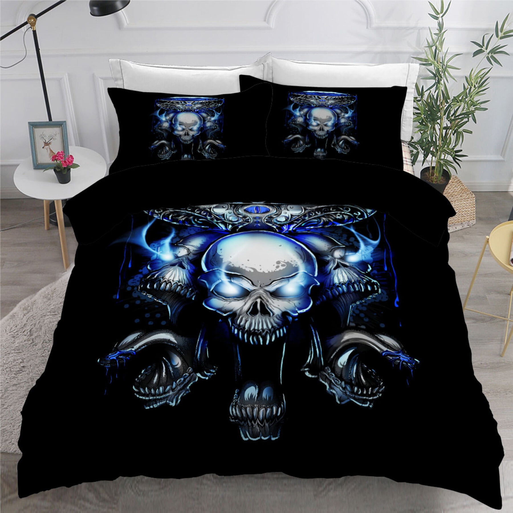 Gothic Bedding Set with Glowing Blue Accents & Fiery Design - Dark ...