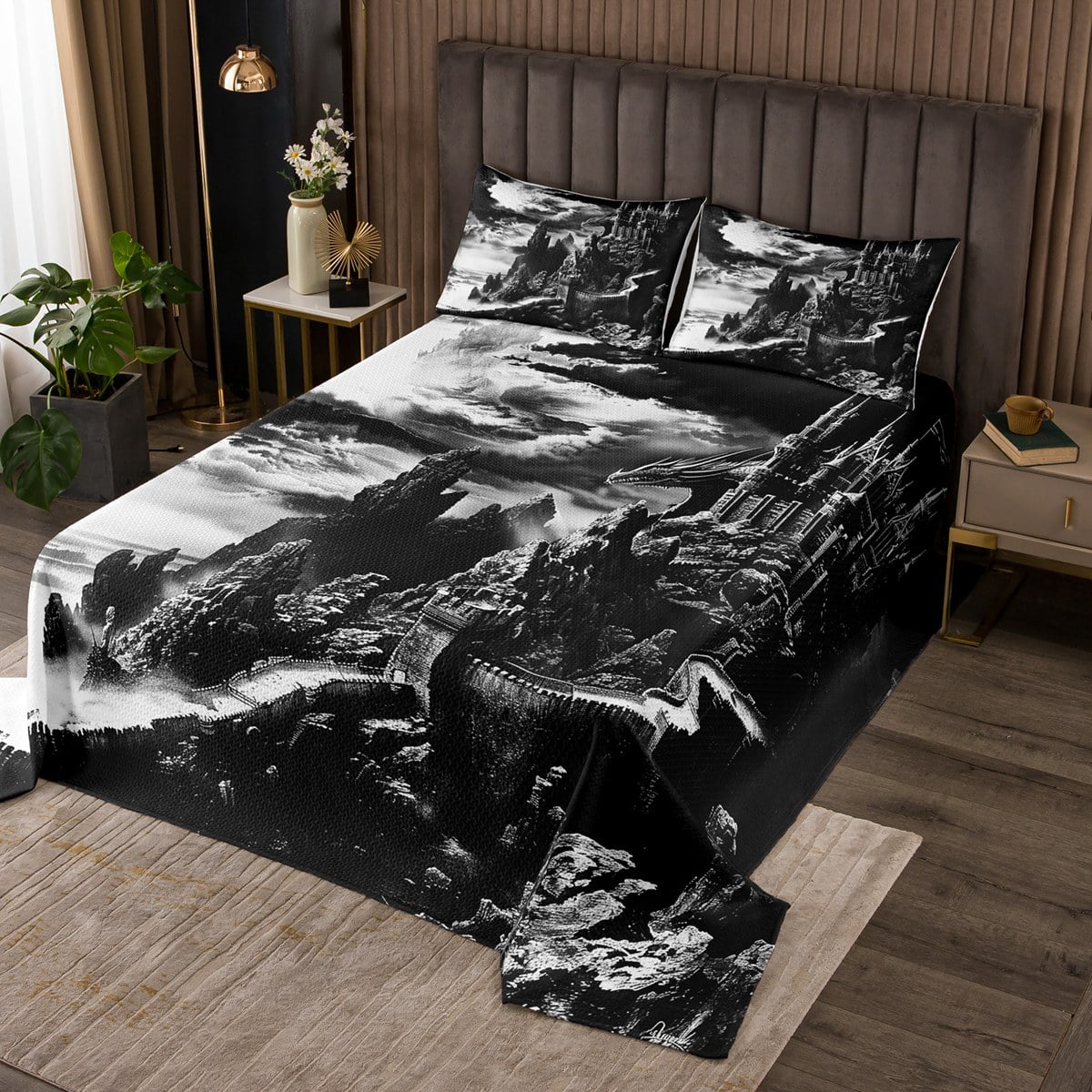 Gothic Bedspread Set Dragon Coverlet Set Fantasy Castle Dark Sky Quilt ...