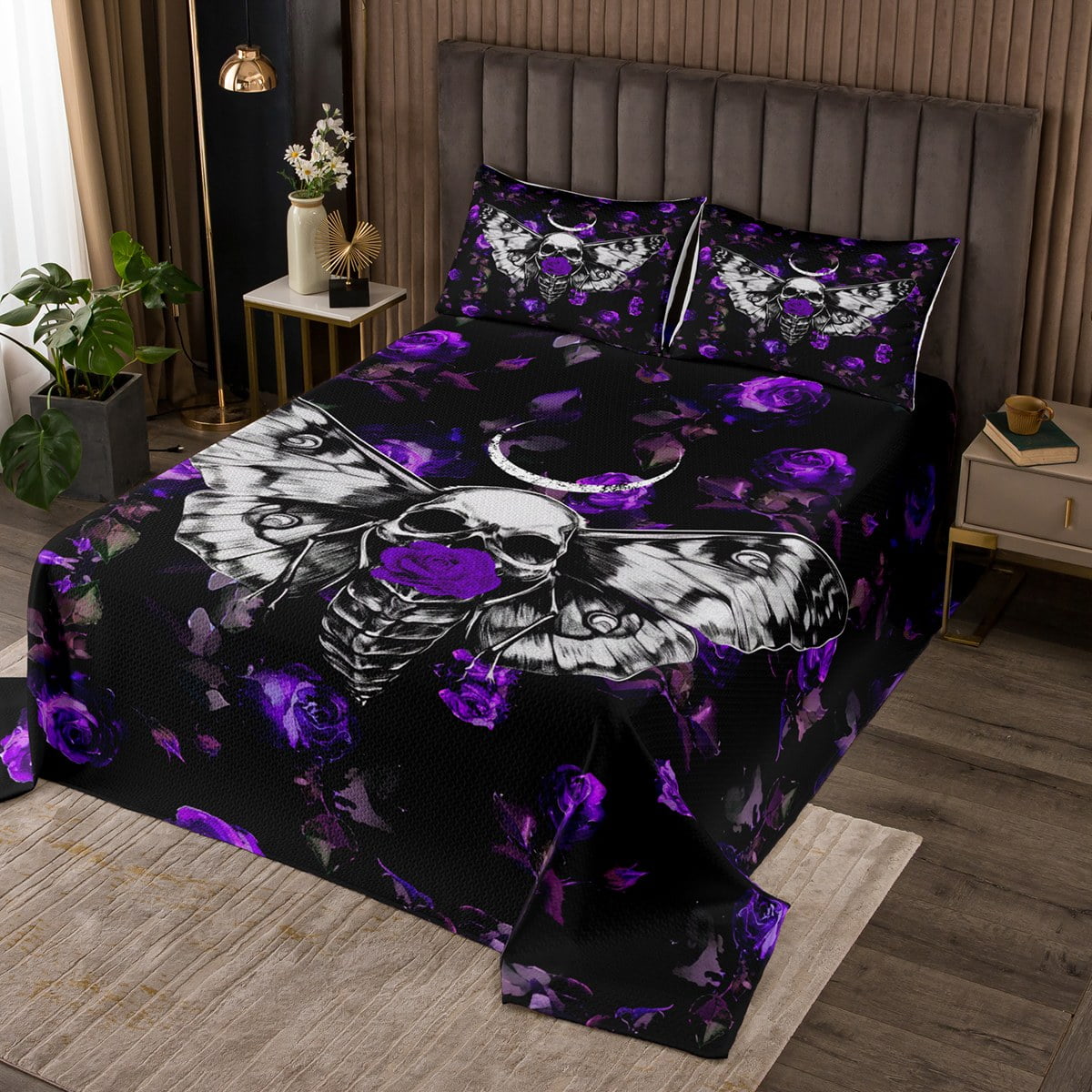 Gothic Bedspread Set Sugar Skull Moth Coverlet Set Exotic Blue Purple ...