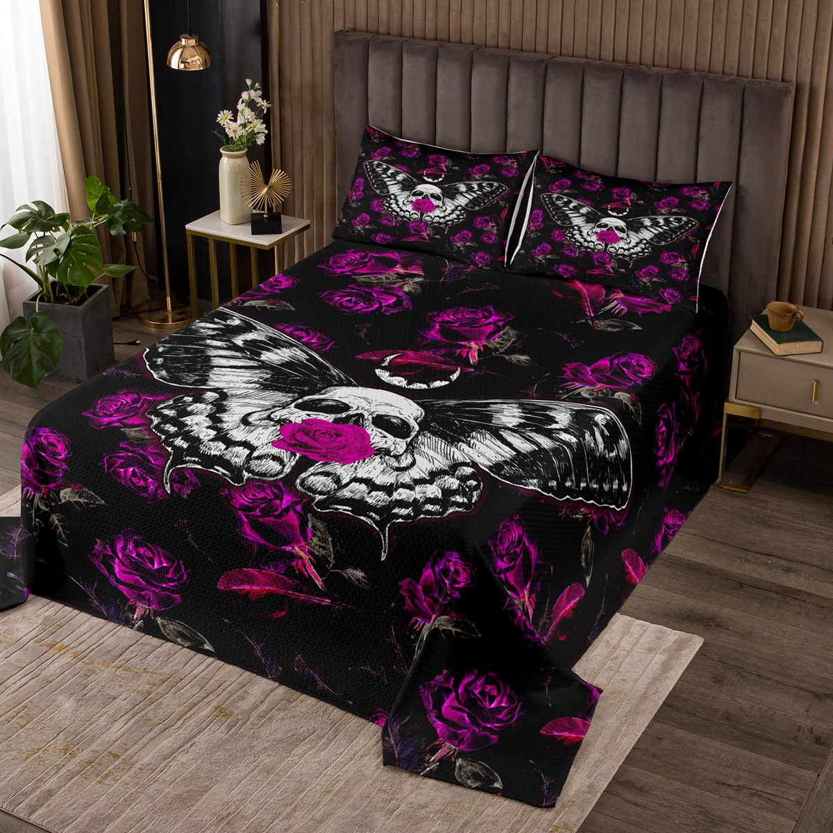 Gothic Bedspread Set Sugar Skull Moth Coverlet Set Exotic Peach Fuchsia ...