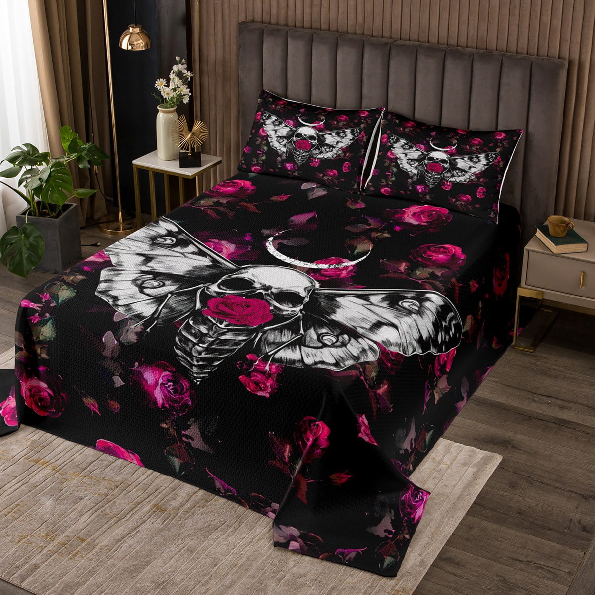 Gothic Bedspread Set Sugar Skull Moth Coverlet Set Exotic Red Rose ...