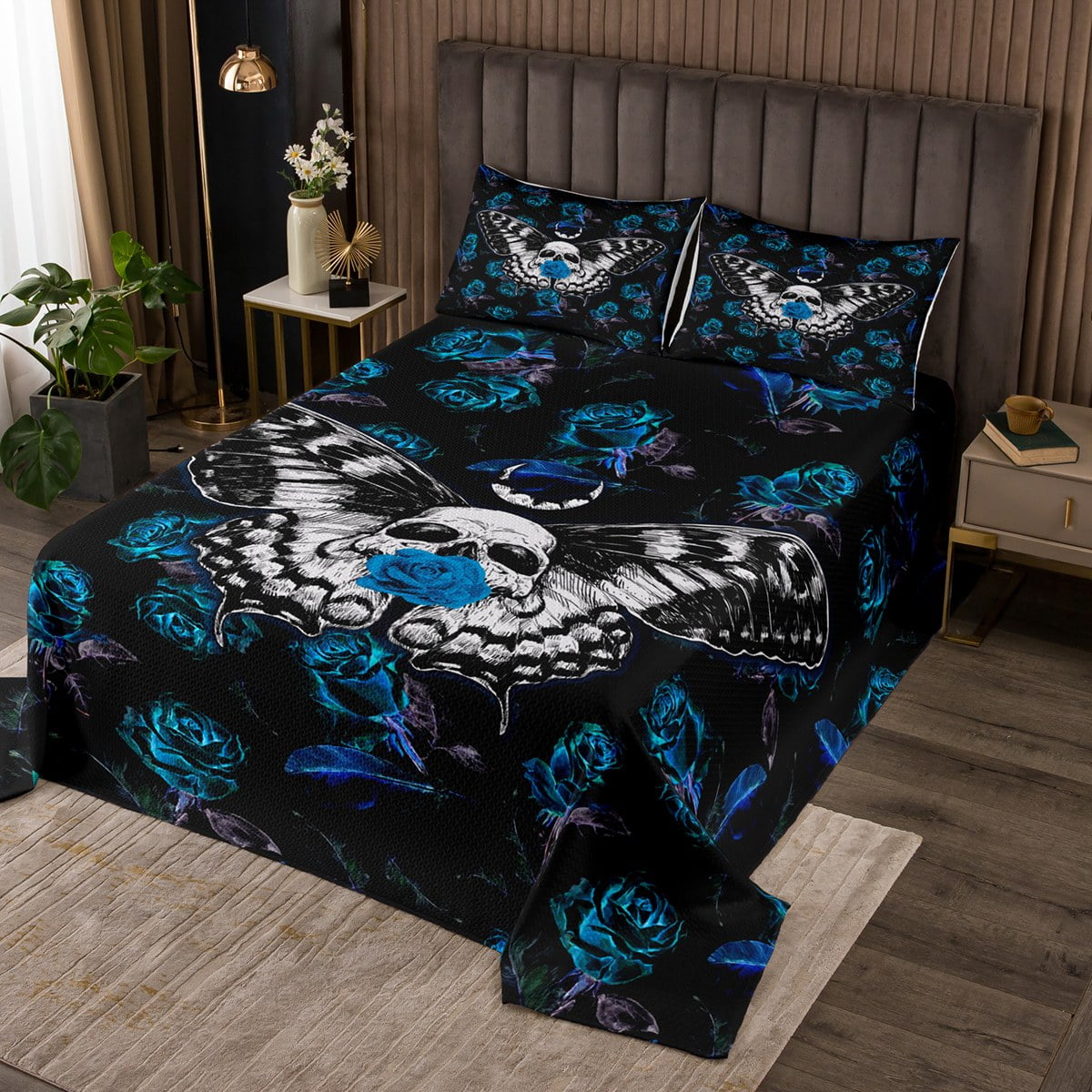 Gothic Bedspread Set Sugar Skull Moth Coverlet Set Exotic Teal Rose ...