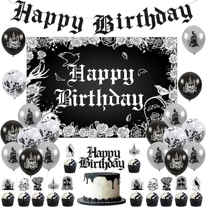 Gothic Birthday Decorations, Skull Theme Happy Birthday Backdrop Cake ...
