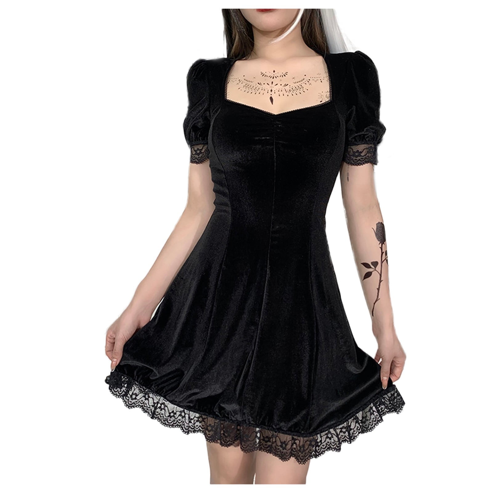 Gothic Black Neck Women Mini Dress High Trim Waist Lace Sexy Women's ...