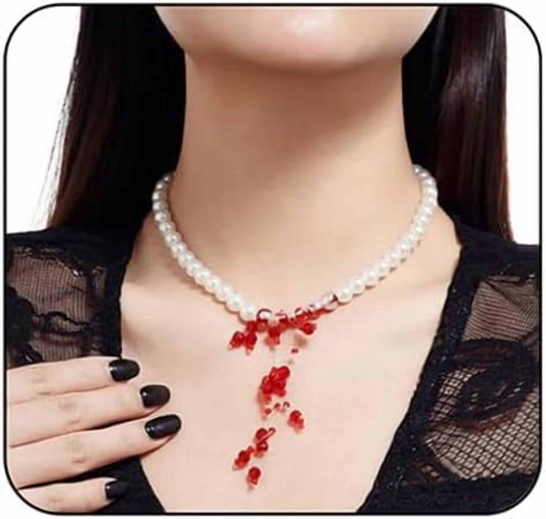 Gothic Blood Pearl Necklace for Women, Adjustable Dripping Blood Choker ...