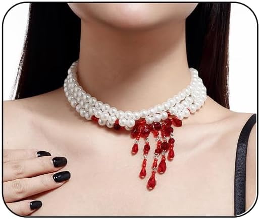 Gothic Blood Pearl Necklace for Women, Adjustable Dripping Blood Choker ...