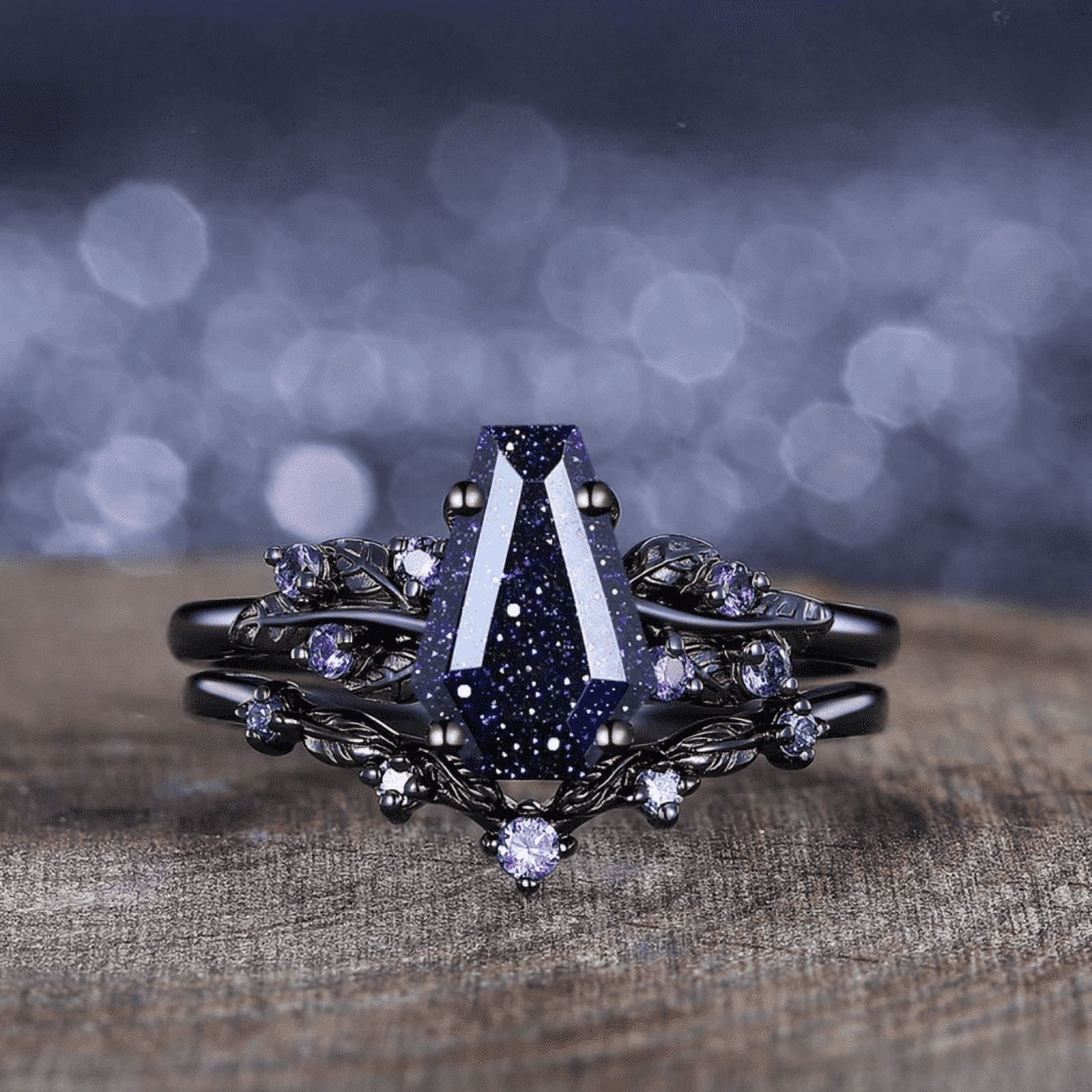Gothic Blue Sandstone Engagement Ring Set- Blue Sandstone Stacking Ring ...