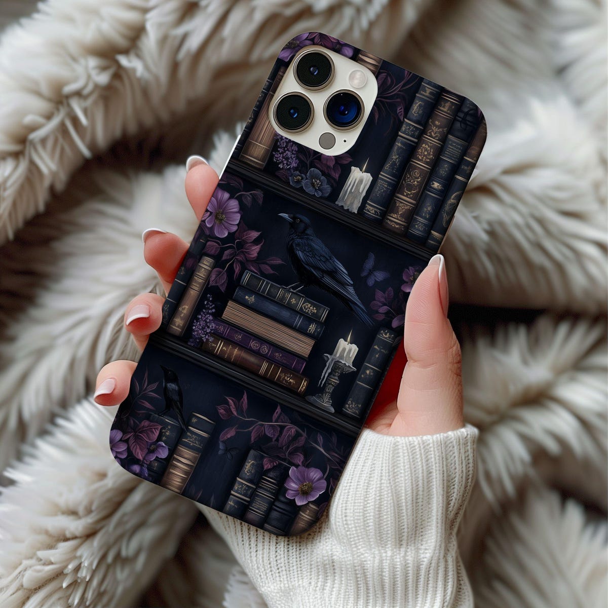 Gothic Book Phone Case with Crow, Raven, and Purple Flowers Dark ...