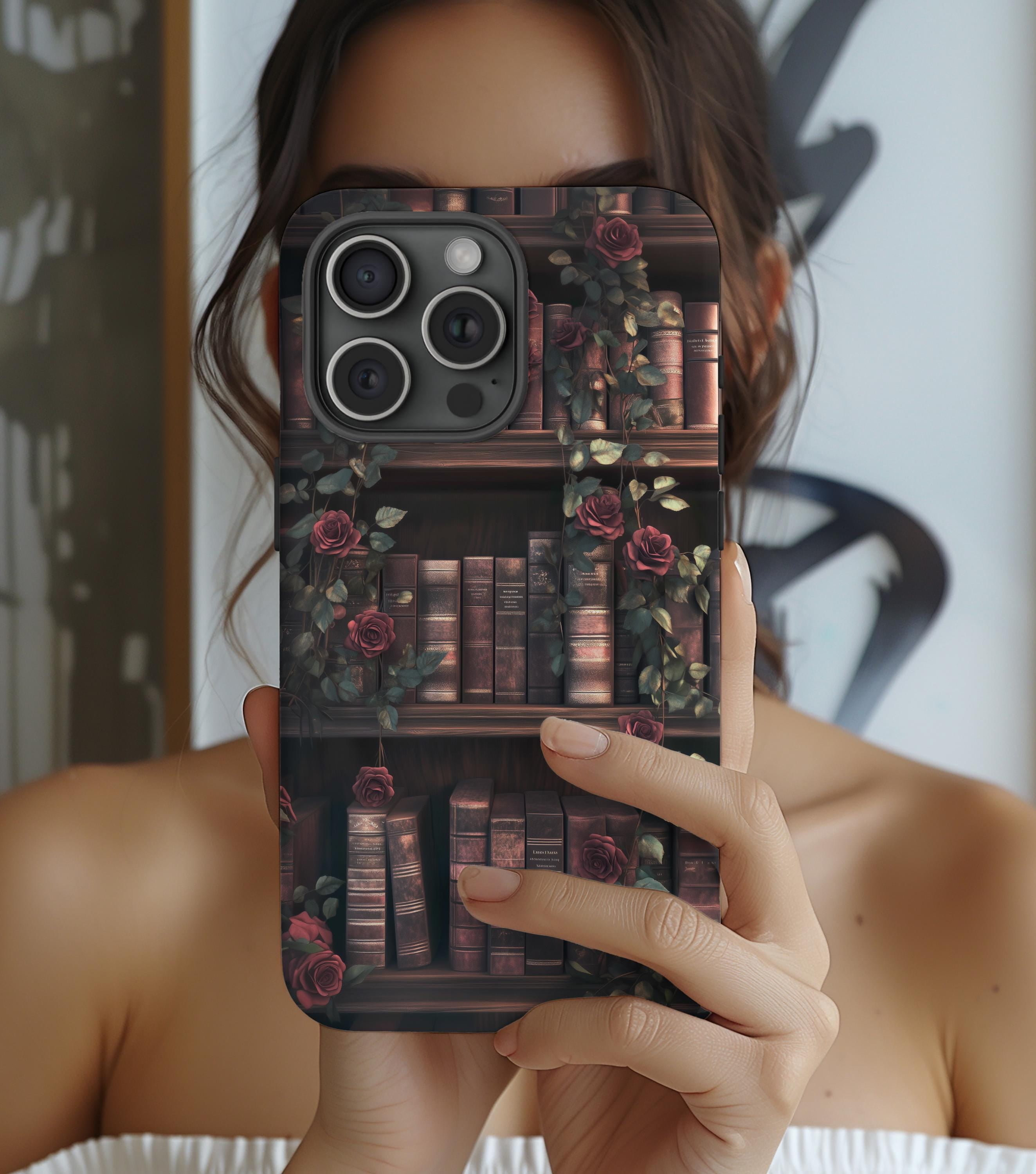 Gothic Bookshelf Phone Case Red Roses Dark Academia iPhone 17 16 15 14 ...