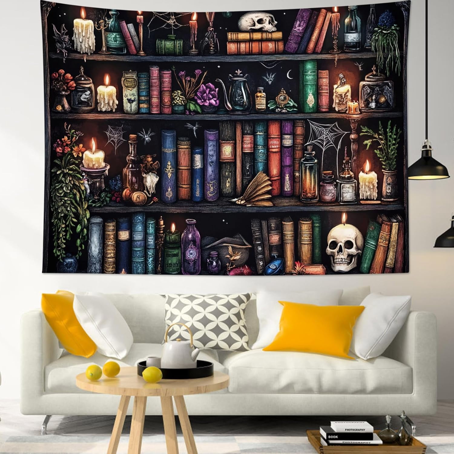 Gothic Bookshelf Tapestry Wall Hanging with Skulls and Botanical Design ...