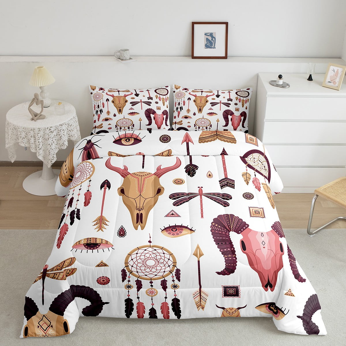 Gothic Bull Skull Bedding Set Exotic Dream Catchers Quilt,Dragonfly ...