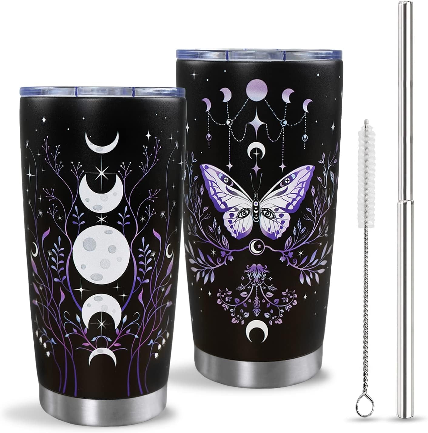 Gothic Butterfly Tumbler with Lid and Straw, Moon Phase Witch Cup Water ...