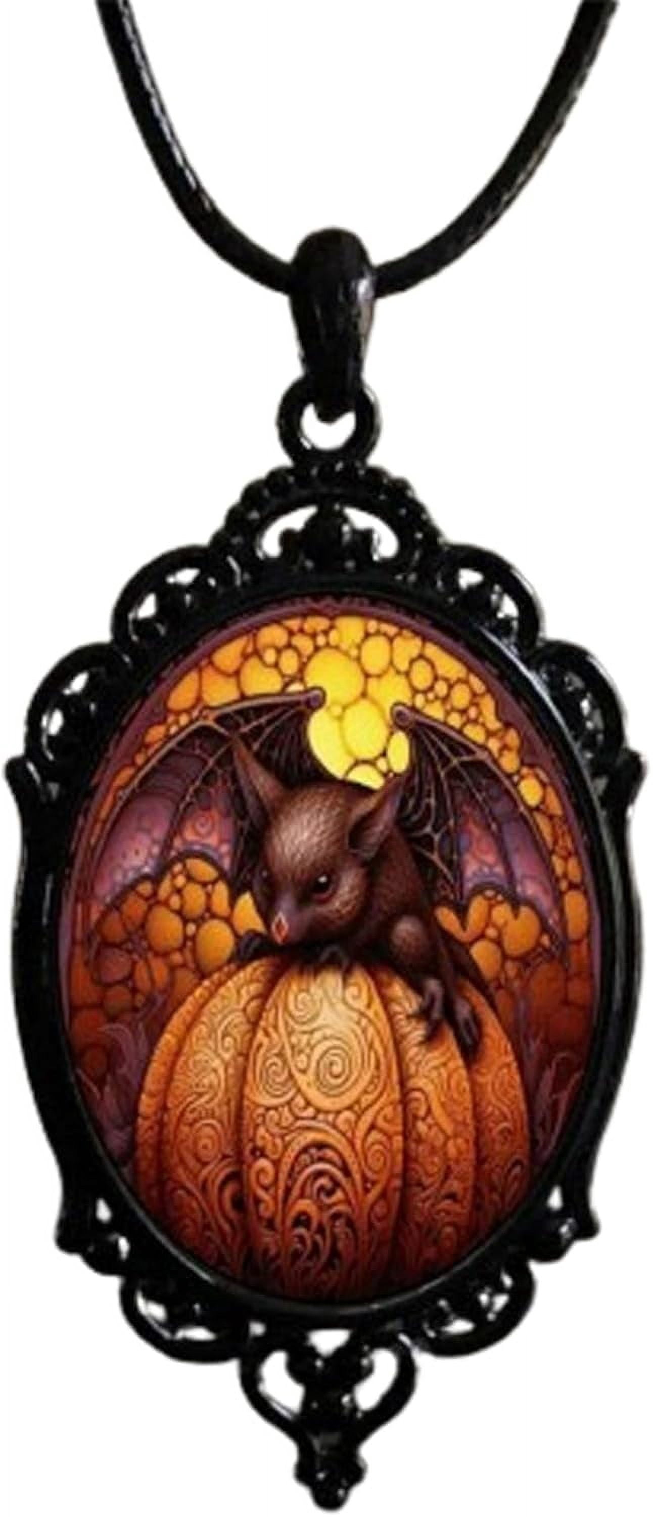 Gothic Cameo Pumpkin Necklace, Vintage Crystal Glass Pumpkin Bat ...