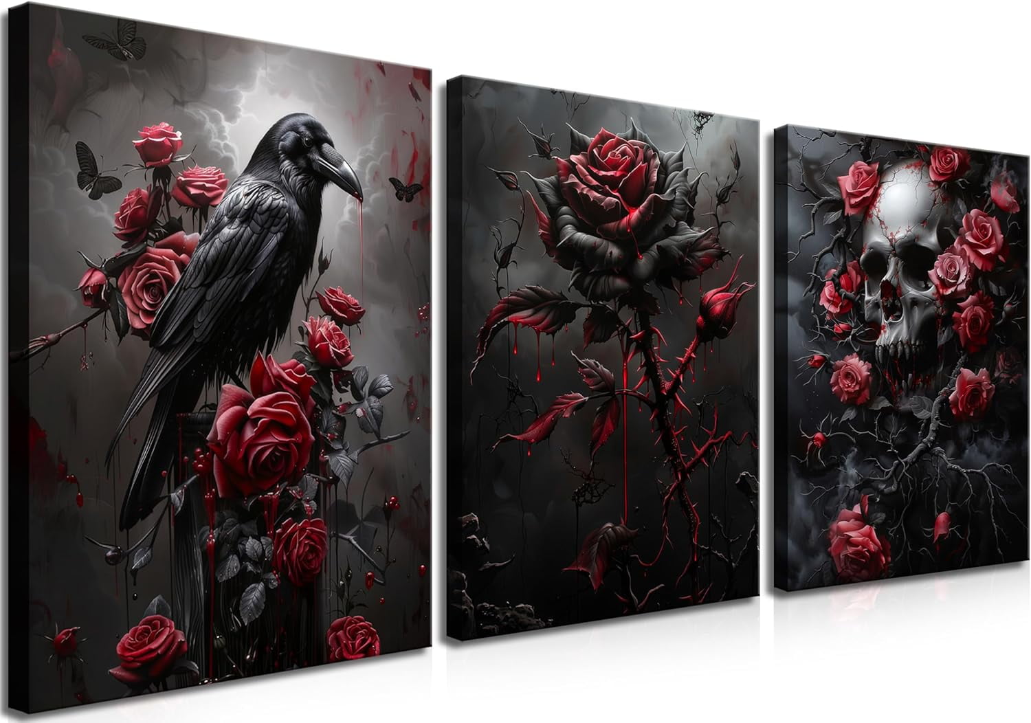 Gothic Canvas Wall Art Set of 3, Red Rose Skull Wall Decor Paintings ...