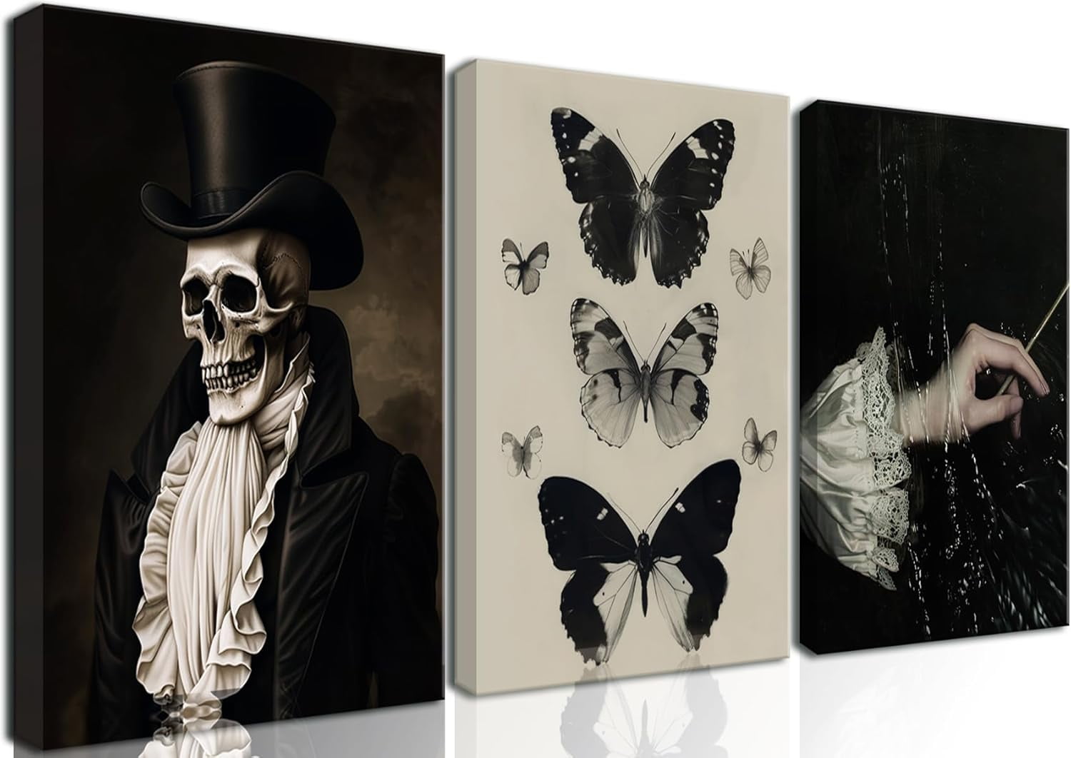 Gothic Canvas Wall Art Set of 3, Red Rose Skull Wall Decor Paintings ...