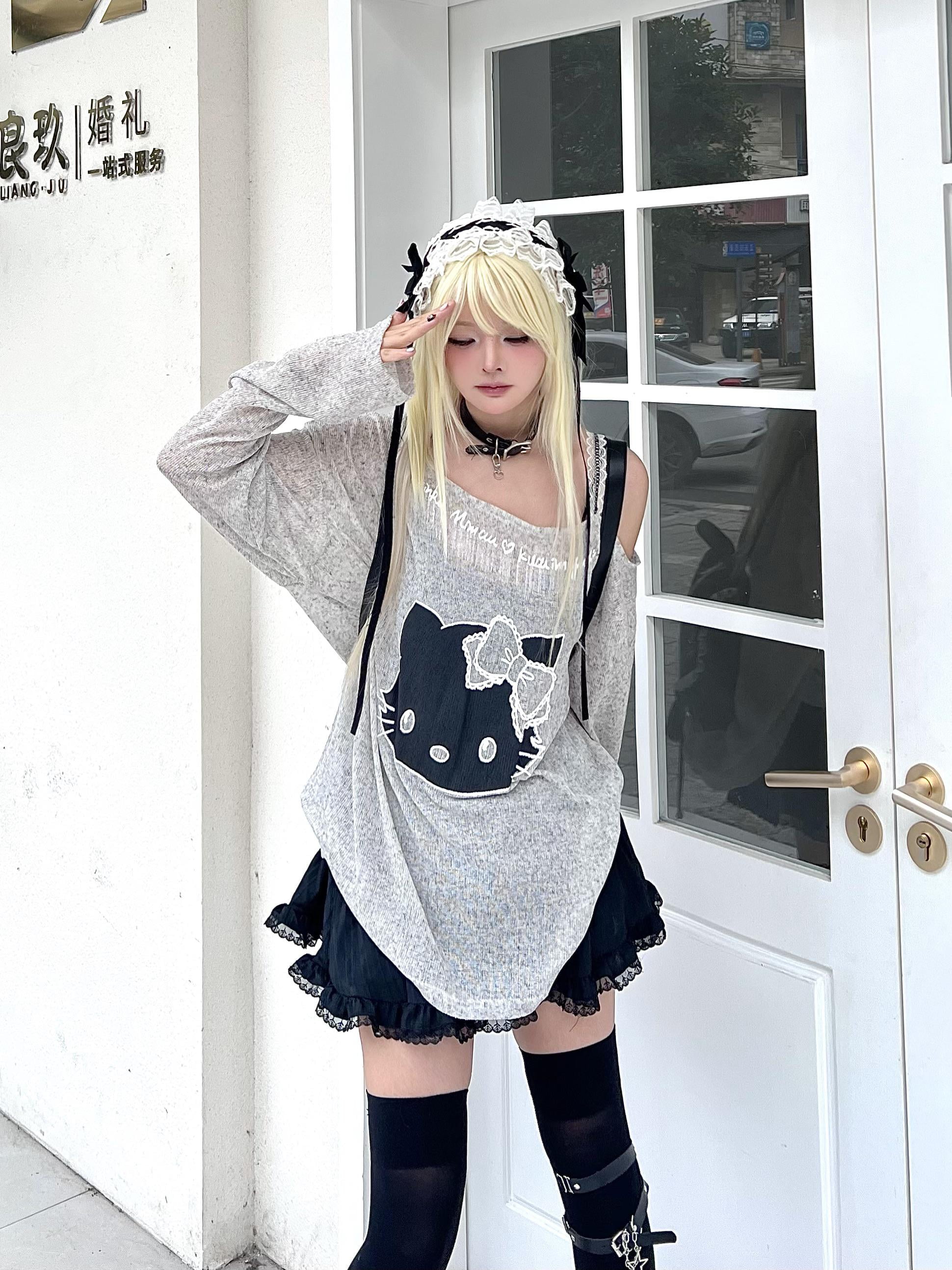 Gothic Cartoon Hello Kitty Graphic T Shirts Long Sleeve Off Shoulder ...