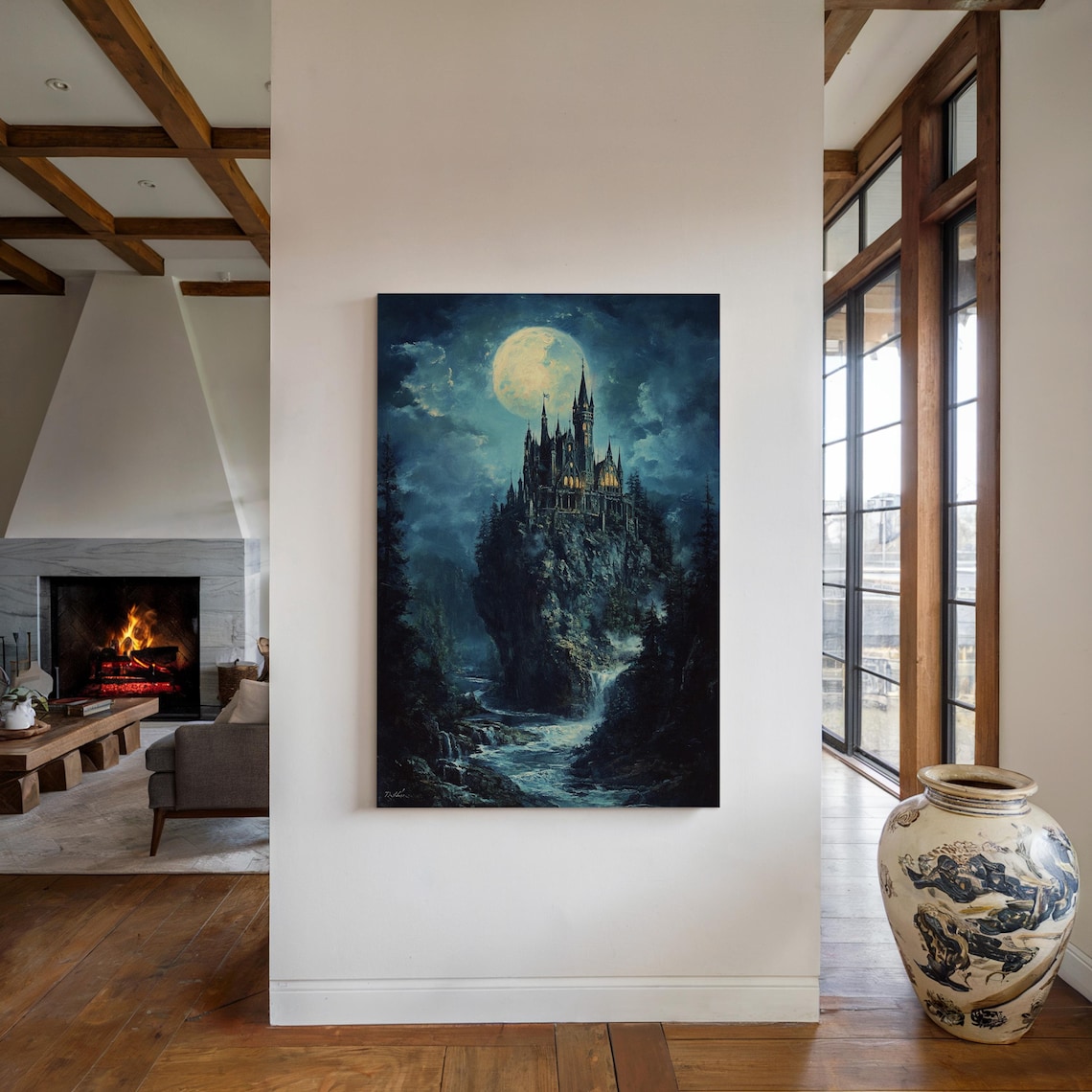 Gothic Castle On Cliff Art, Full Moon Night Landscape, Enchanted ...