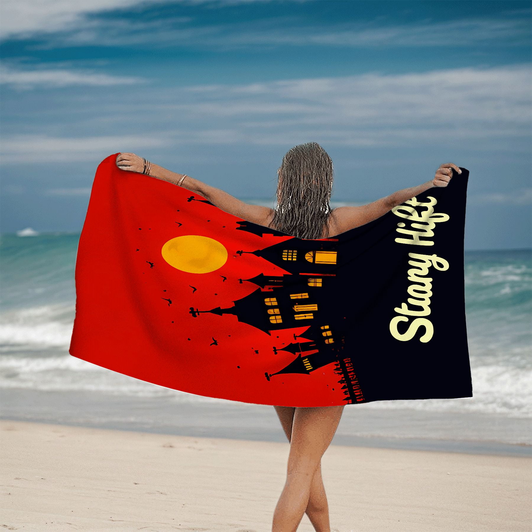 Gothic Castle Silhouette Beach Towel - Vibrant Red Sky Illuminated ...