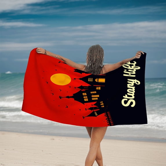 Gothic Castle Silhouette Beach Towel - Vibrant Red Sky Illuminated ...