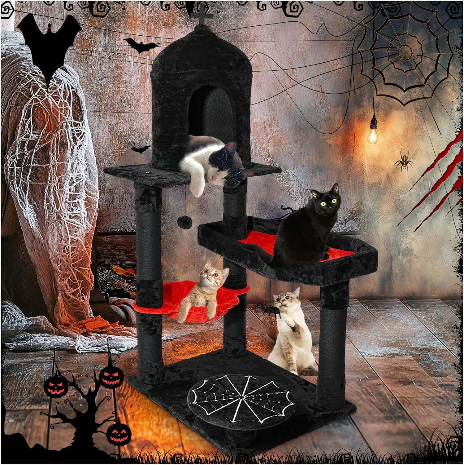 Gothic Cat Tree with Coffin Bed, 55" Goth Cat Tower with Spacious Cat ...