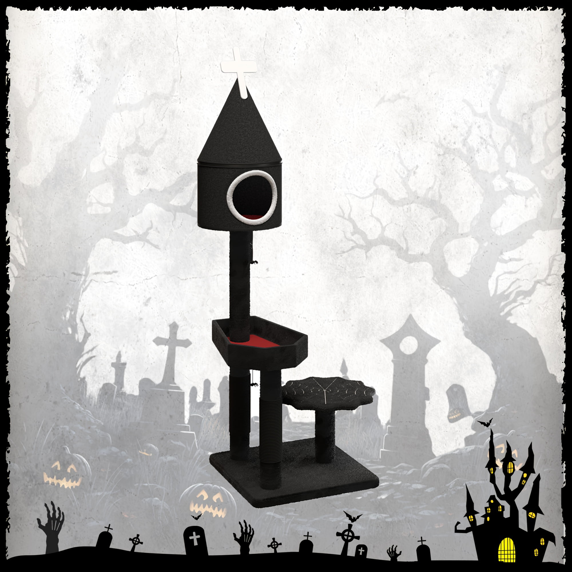 Gothic Cat Tree with Coffin Bed, 30.3inch Black Cat Tower for Indoor ...