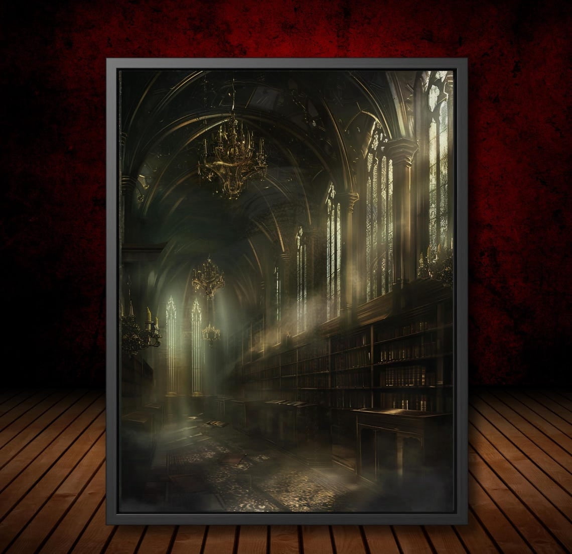 Gothic Cathedral Library Art Poster Bookshelves & Golden Light, Dark ...