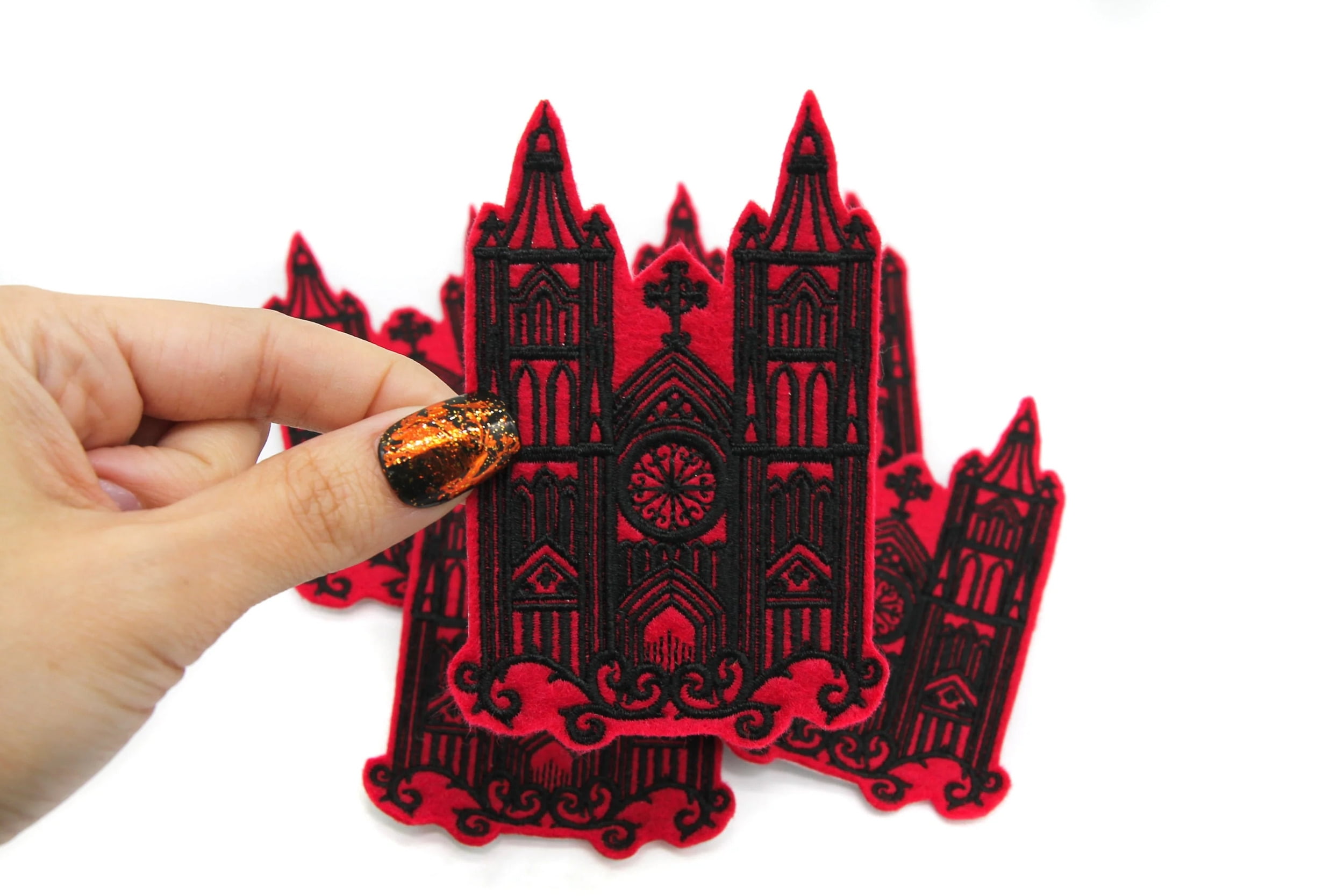 Gothic Cathedral, Decorative Red and Black Embroidered Iron-On Clothing ...
