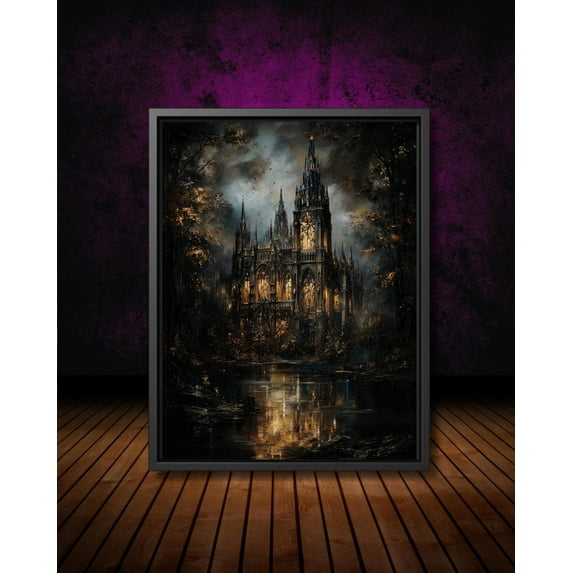 Gothic Cathedral Reflected In Lake Wall Art Poster, Dark Academia ...