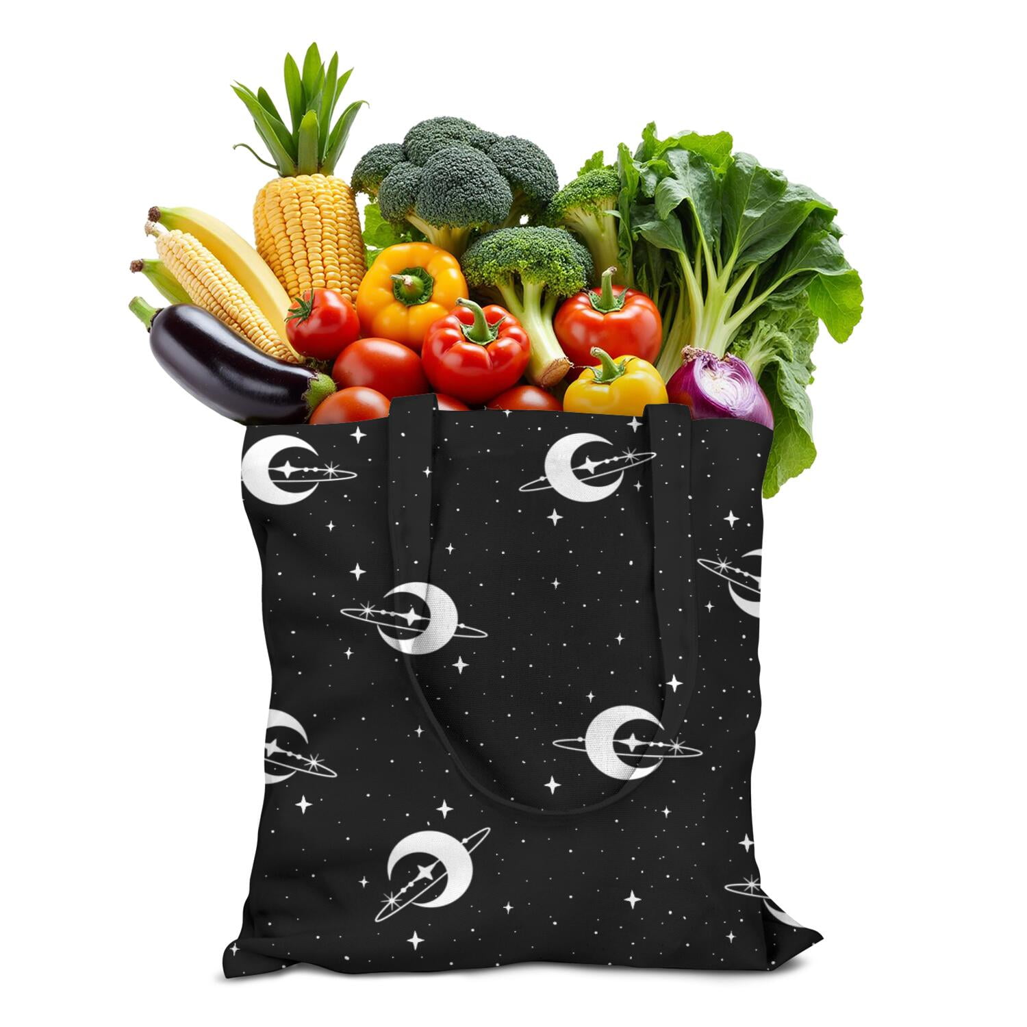 Gothic Celestial Canvas Tote Bag – Black and Gold Moon & Star Print – Boho Astrology Steampunk ...