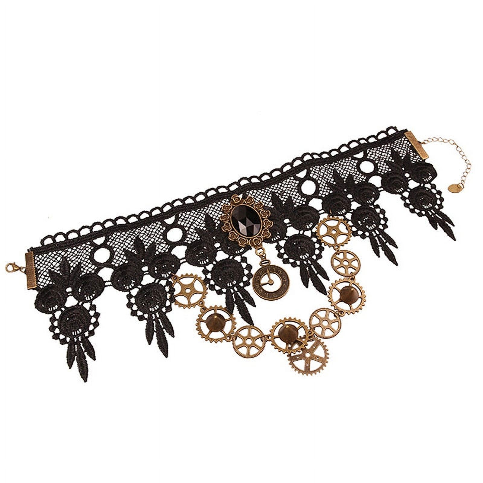 Gothic Chokers - Crystal Gear Chain, Black Lace Choker Necklace ...