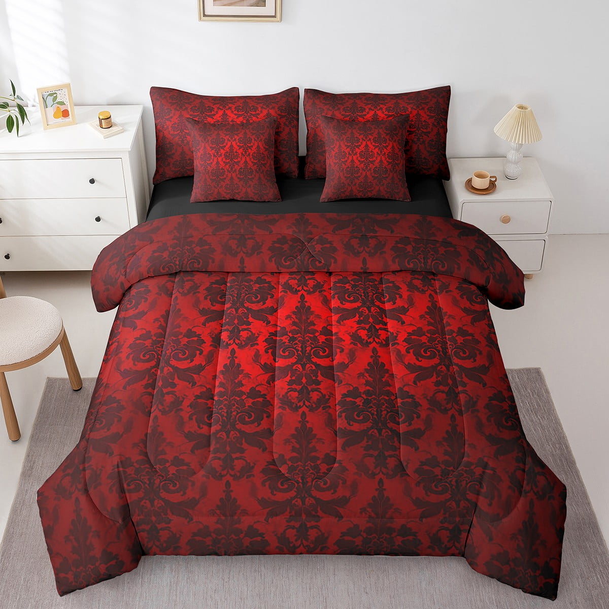 Gothic Comforter Set 7 Piece Bed in a Bag Twin,Adults Black Damask ...