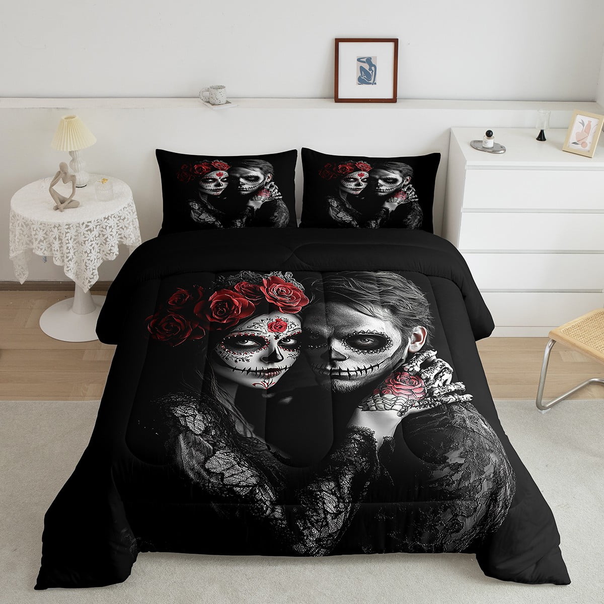 Gothic Couple Queen Comforter Set,Skull Skeleton Lover Bedding Set ...