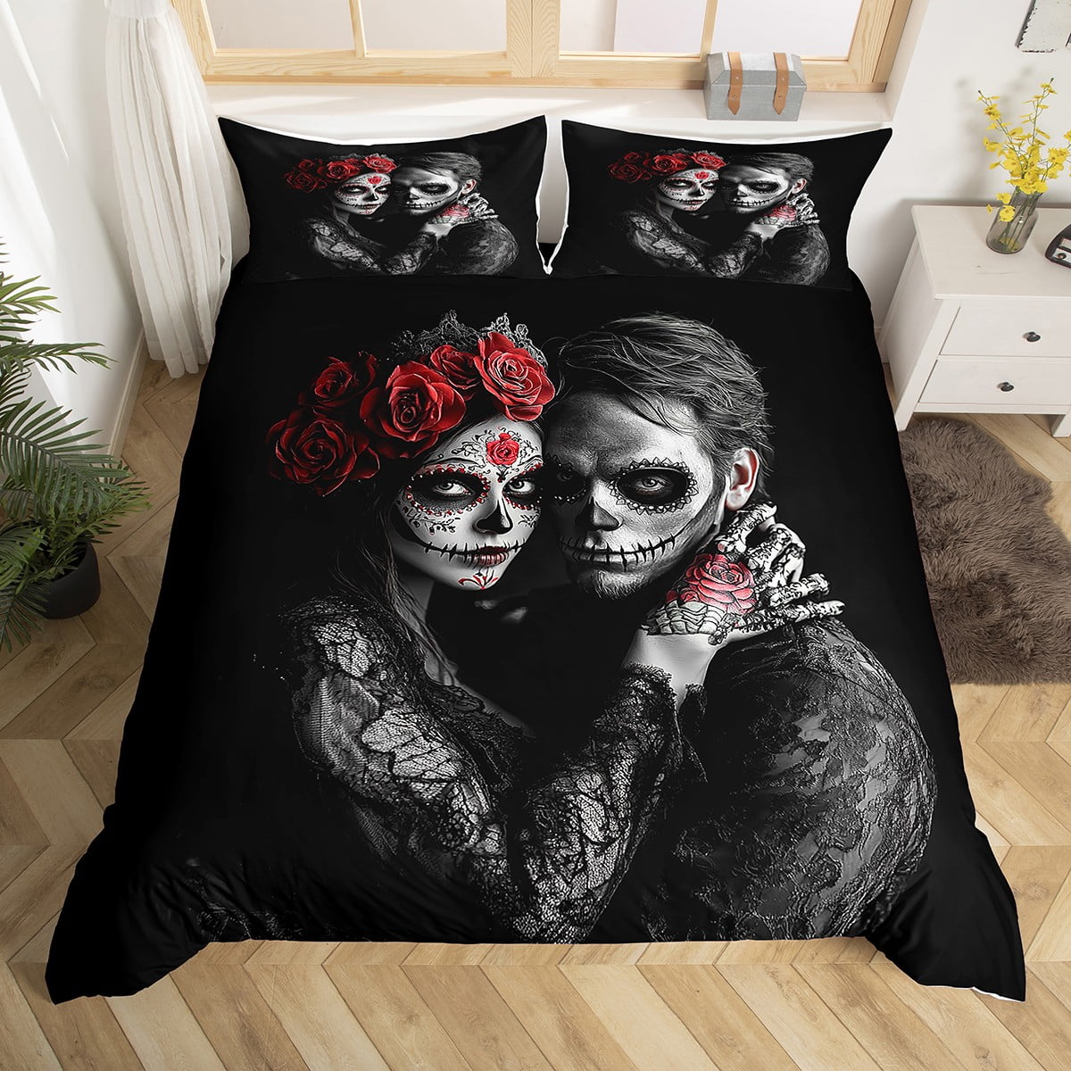 Gothic Couple Twin Duvet Cover,Skull Skeleton Lover Comforter Cover ...