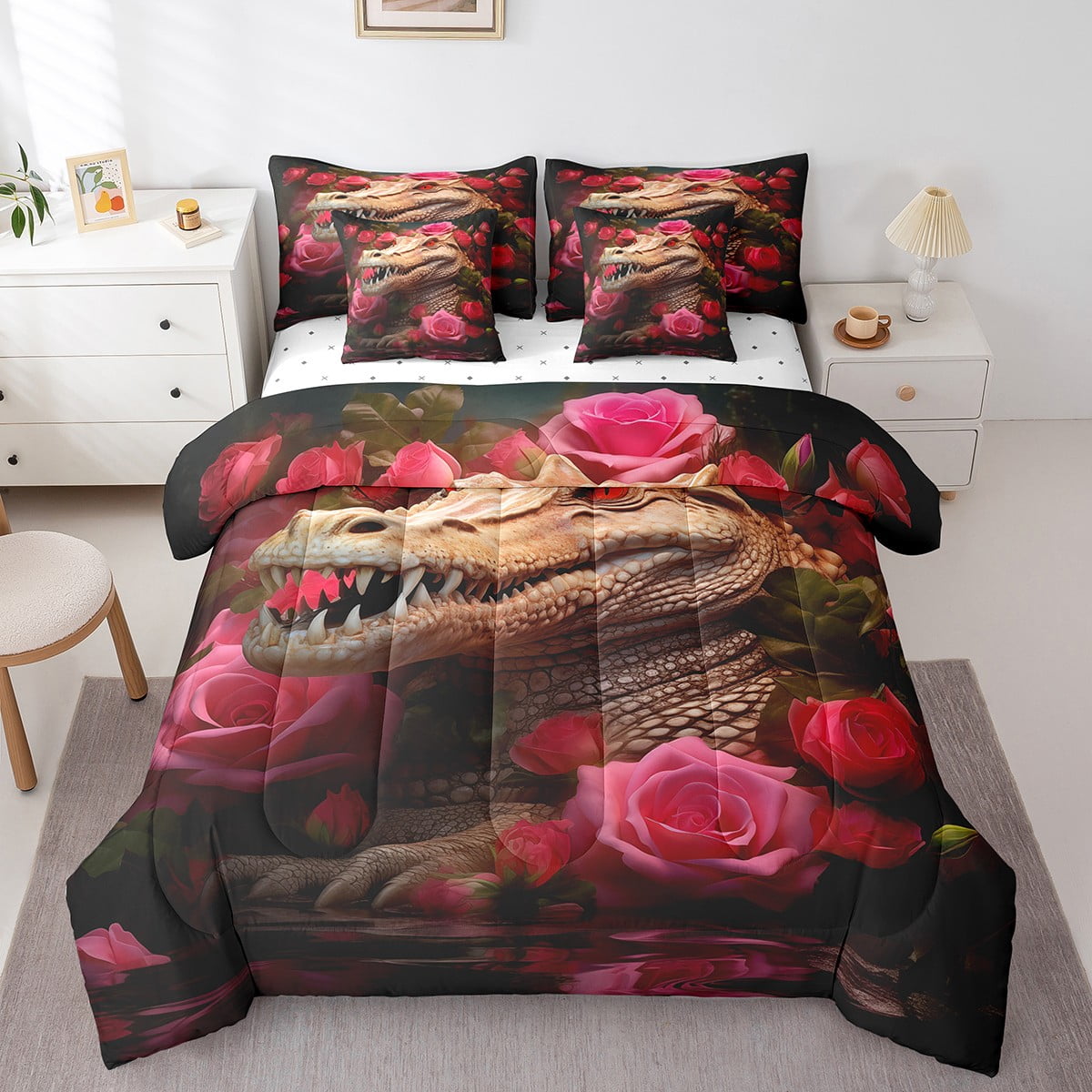 Gothic Crocodile Bed in a Bag Queen Comforter Set 7 Piece,Red Rose ...