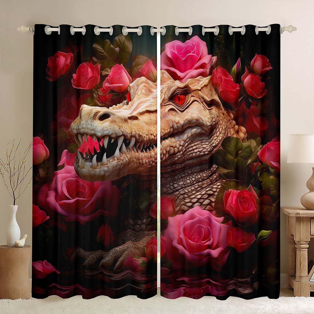 Gothic Crocodile Curtains for Living Room,Red Rose Flowers Curtains ...