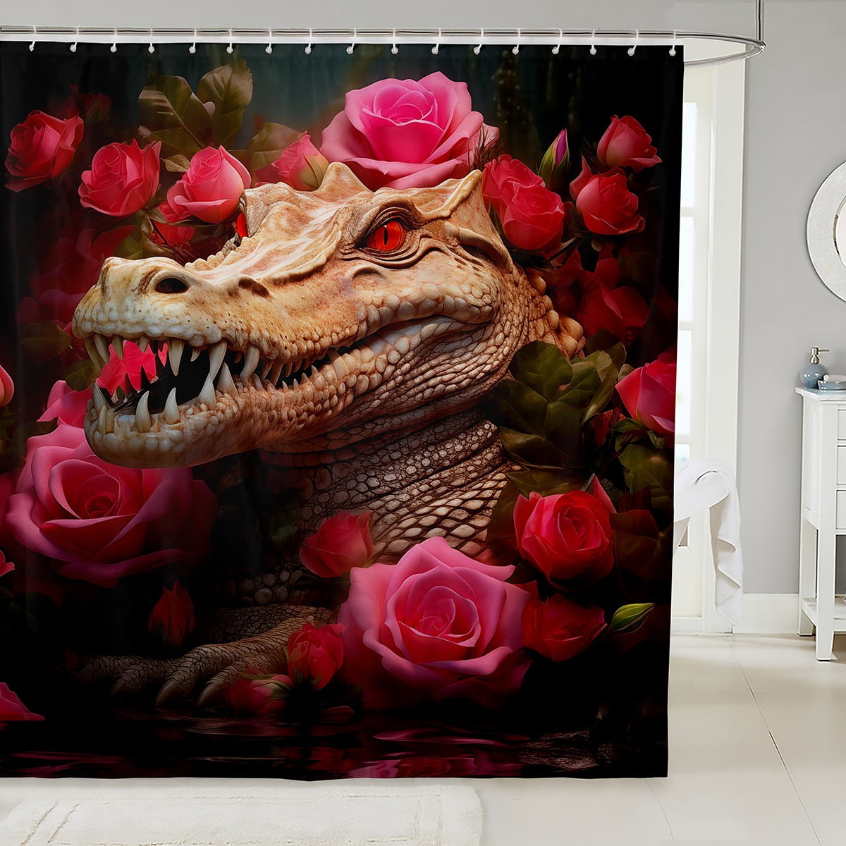 Gothic Crocodile Shower Curtain Set Red Rose Flowers Fabric Shower ...