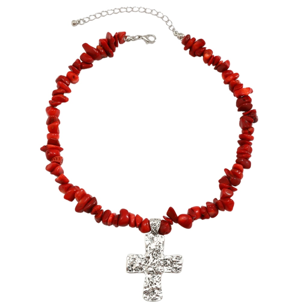 Gothic Cross Pendant Necklace with Irregular Stone Chain Unique Short ...