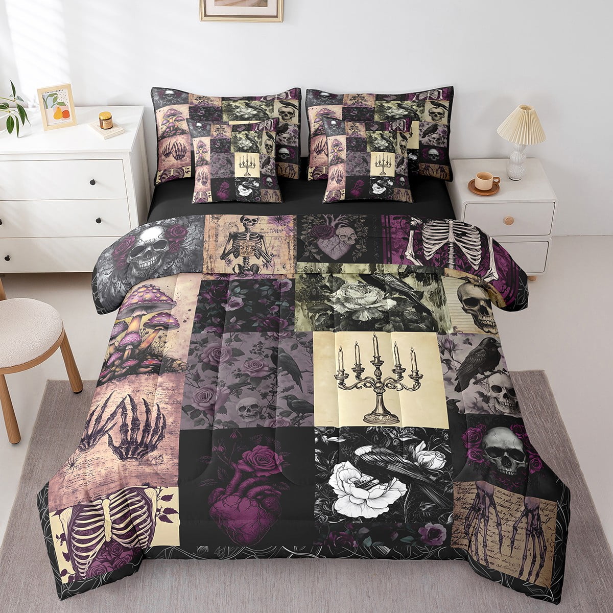 Gothic Crow 7Pcs Comforter Set Queen,Sugar Skull Bedding Set Teens Room ...