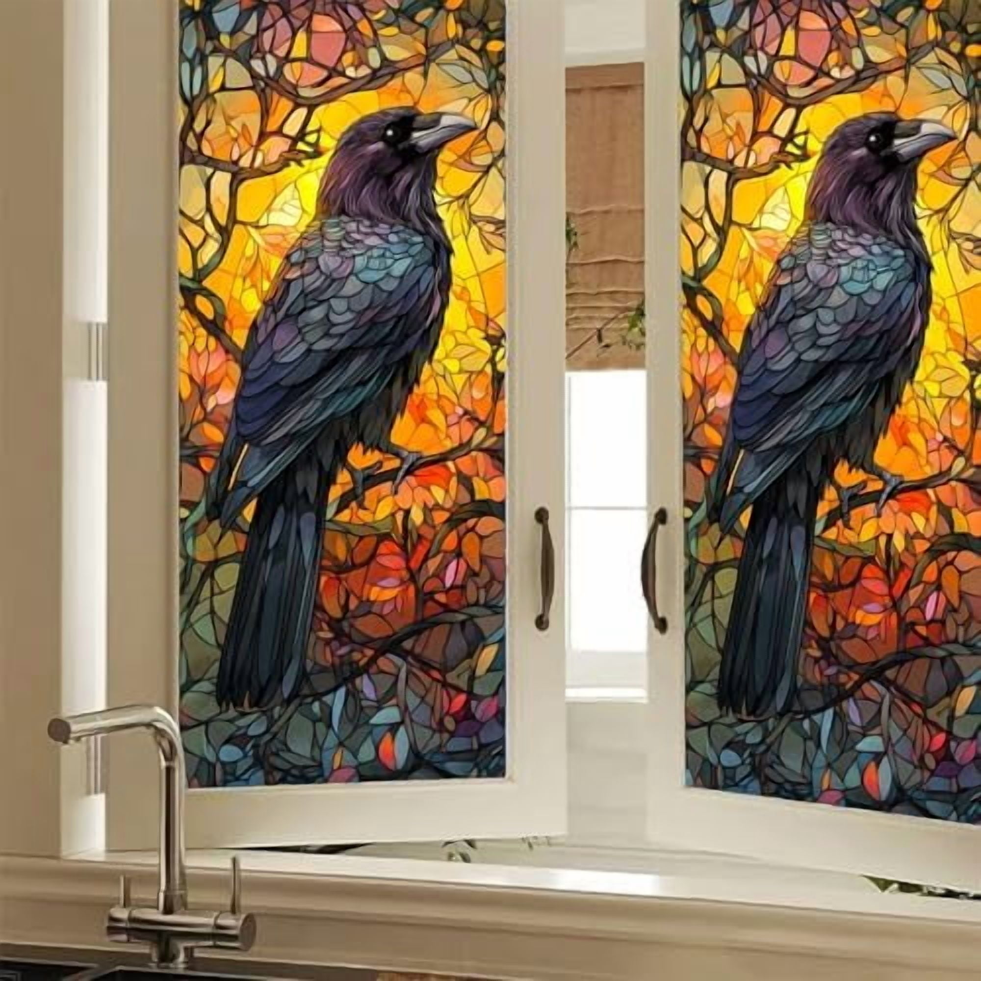 Gothic Crow Privacy Window Film Stained Glass Decorative Static Cling ...